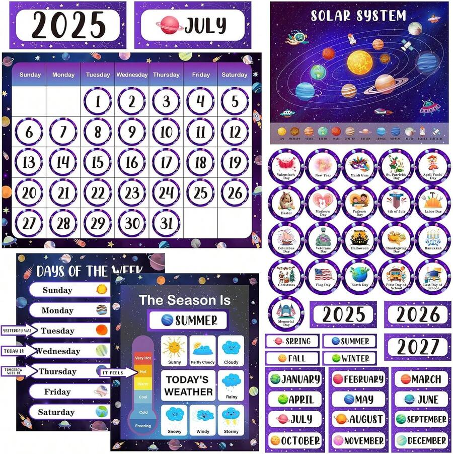 Classroom Calendar Set Bulletin Board, Space Theme Calendar For ...