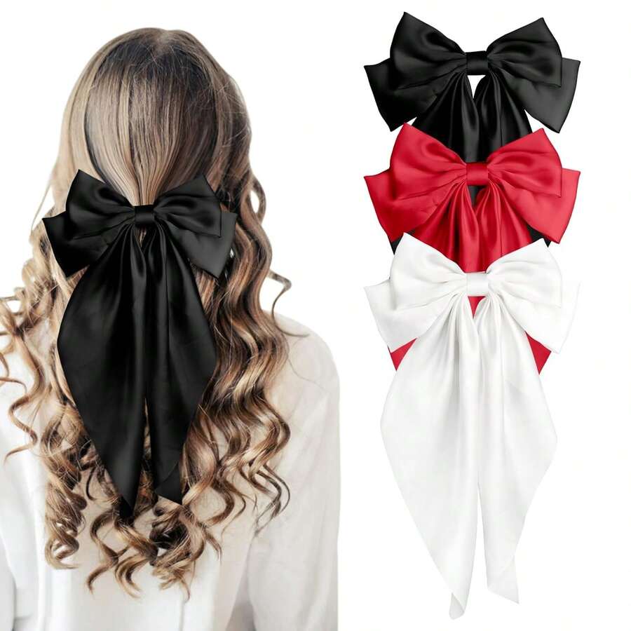 Large Silky Satin Bows 3Pcs Green Hair Ribbons For Women - Cute ...