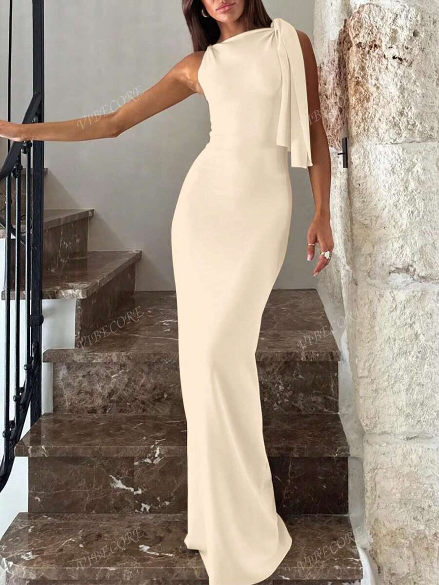 Women Solid Asymmetric Collar Sleeveless Long Dress Elegant Modest ...