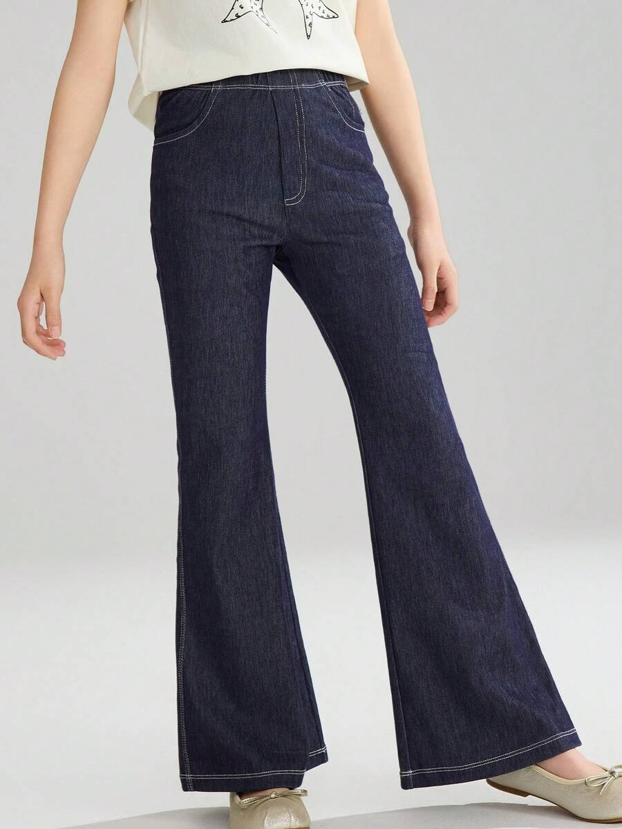 Jeans de pierna acampanada de mezclilla versátil azul marino para niñas ...