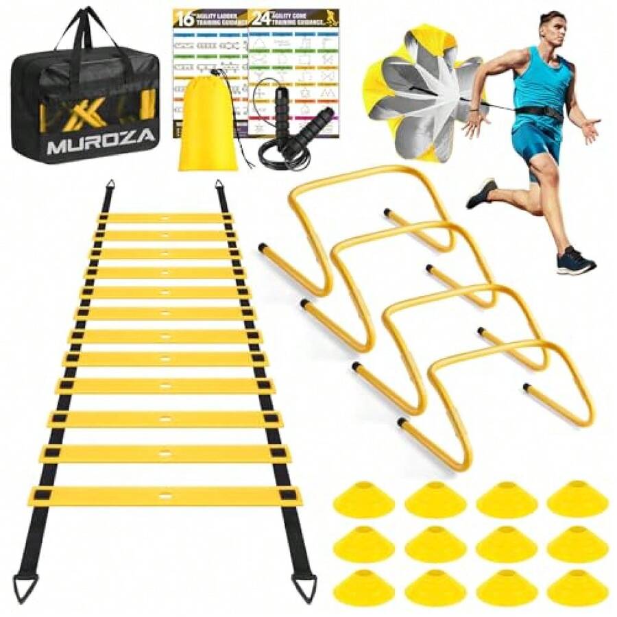 Agility Ladder Speed Training Equipment Set - 20ft Ladder, 12 Soccer Cones, 4 Adjustable Hurdles ...