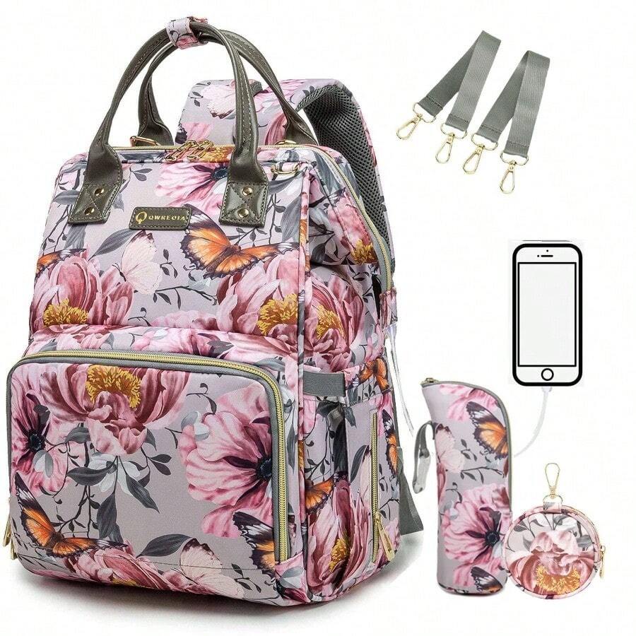 Floral Diaper Bag Backpack With Coin Bag USB Charging Port Stroller ...