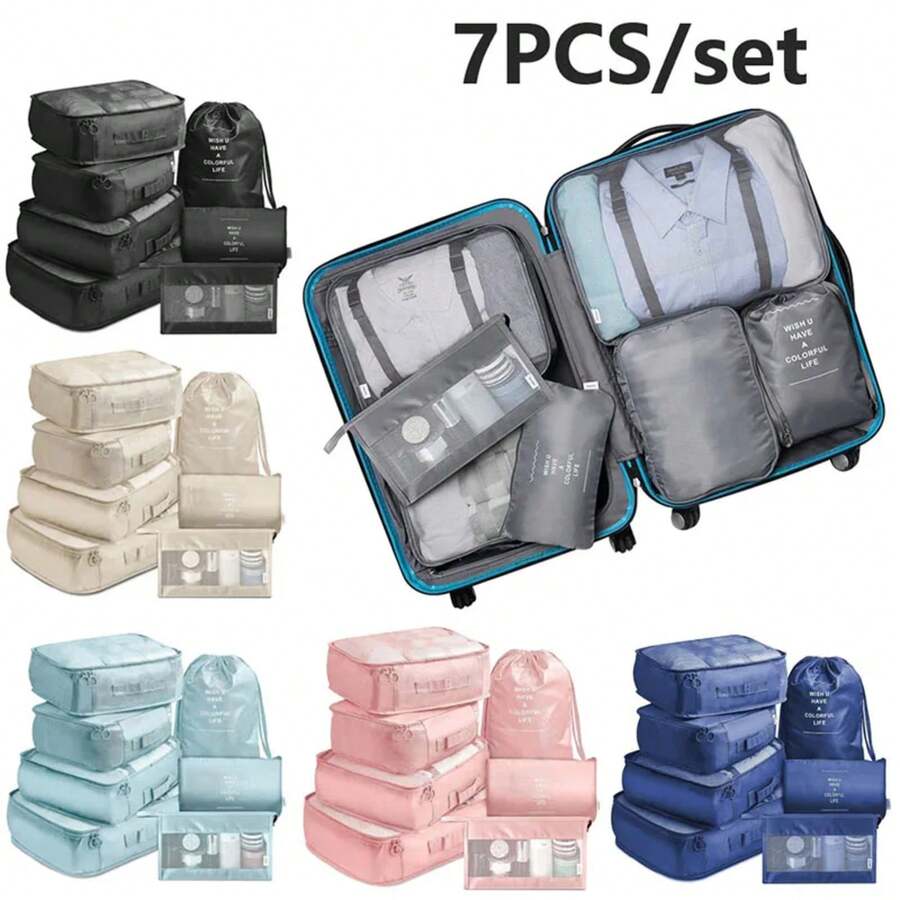 7Pcs Travel Organizer Storage Bags Wardrobe Cube Suitcase Packing Cubes ...