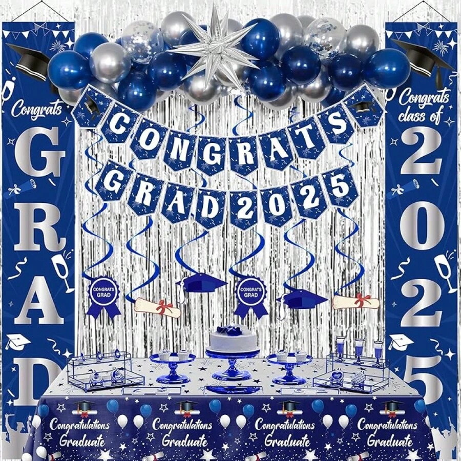 Graduation Decorations Class Of 2025, Navy Blue And Silver Graduation ...