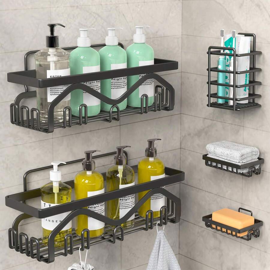 5 Pcs-Shower Caddy, Bathroom Shower Organizers, Black Shower Shelves ...