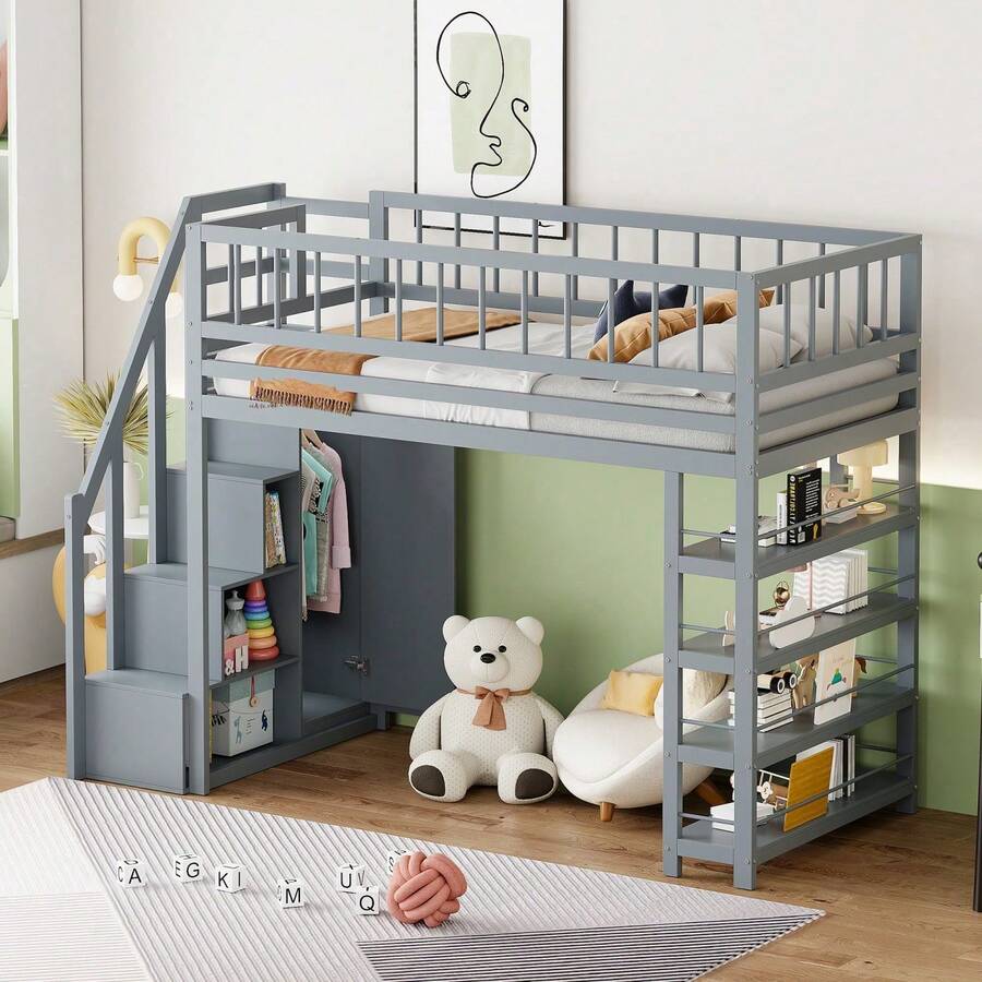 Loft Bed 90x200cm With Fall Protection, Bunk Bed With Storage Ladder ...