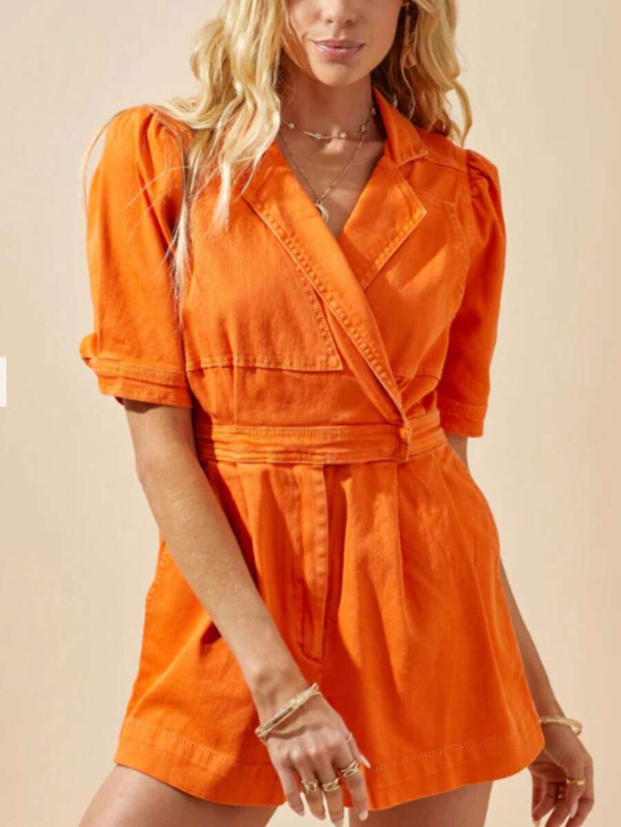 Puff Sleeves Denim Romper | SHEIN USA