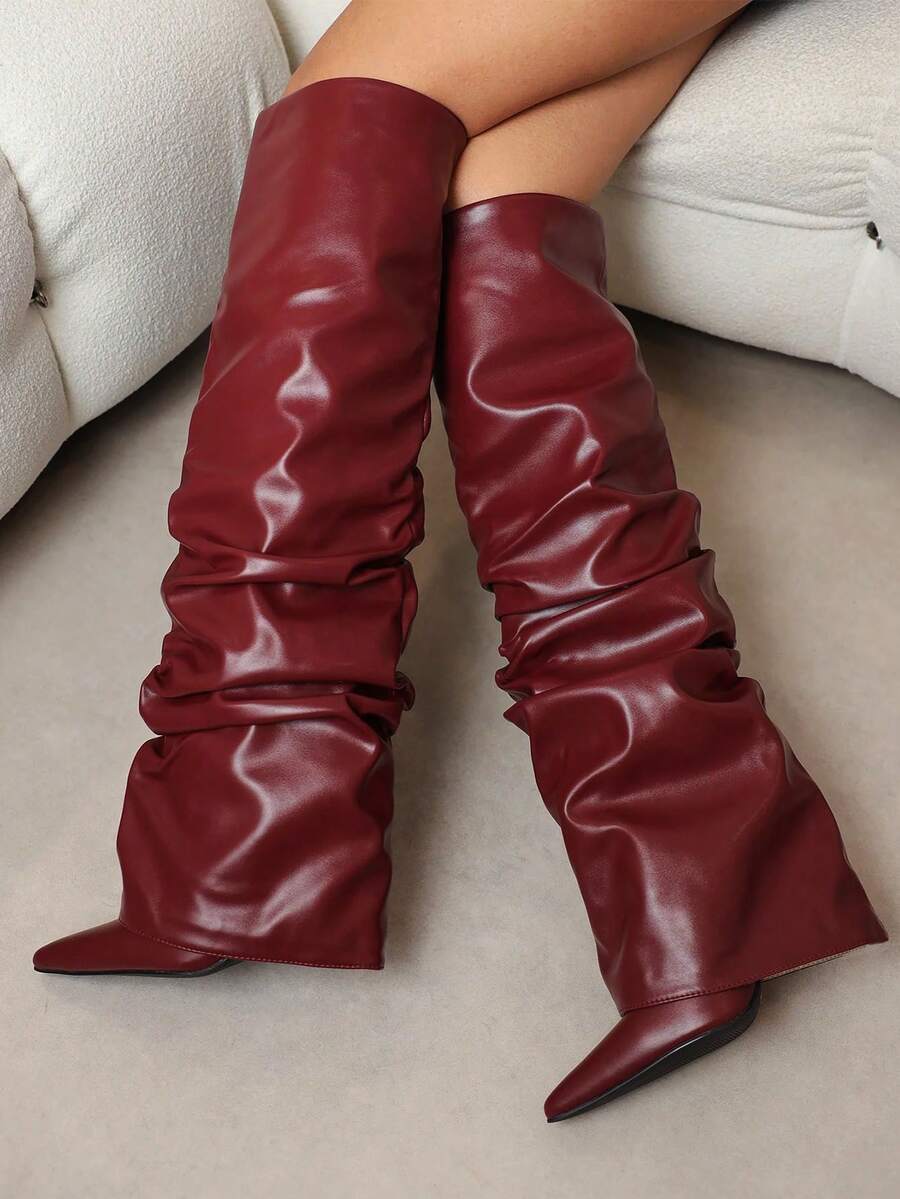 Metallic Women Slouched Ruched Fold Over Boots Covered Wedge Heel Mid ...
