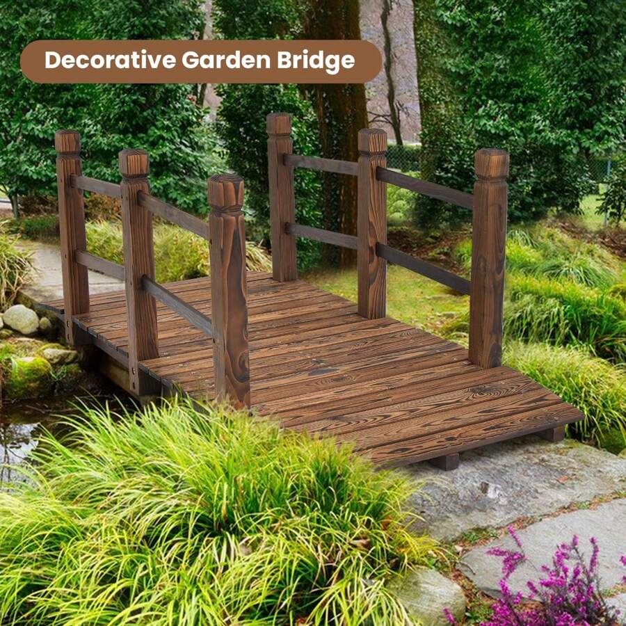 5FT Wooden Garden Bridge, Decorative Pond Landscaping Bridge With ...
