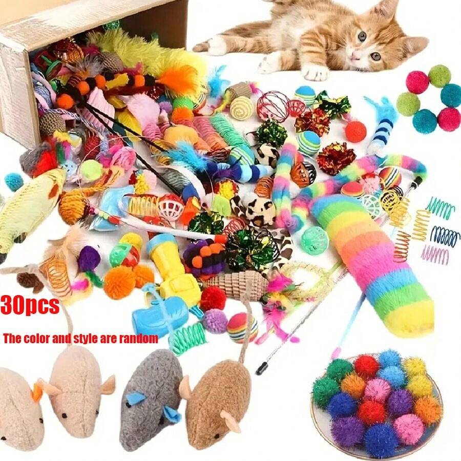 15/30pcs Assorted Cat Toys Set, Random Colors, Keep Cats Busy, Active ...