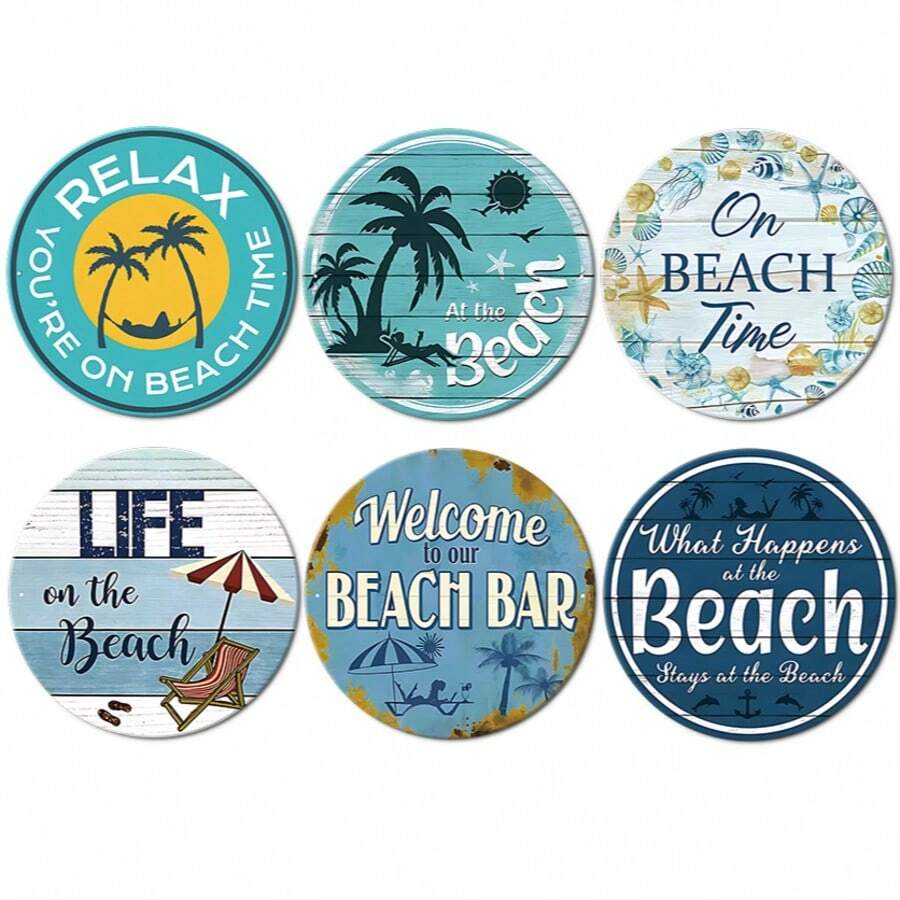 1pc Round Beach Signs, At The Beach Tin Sign, Vintage Beach Themed Wall ...