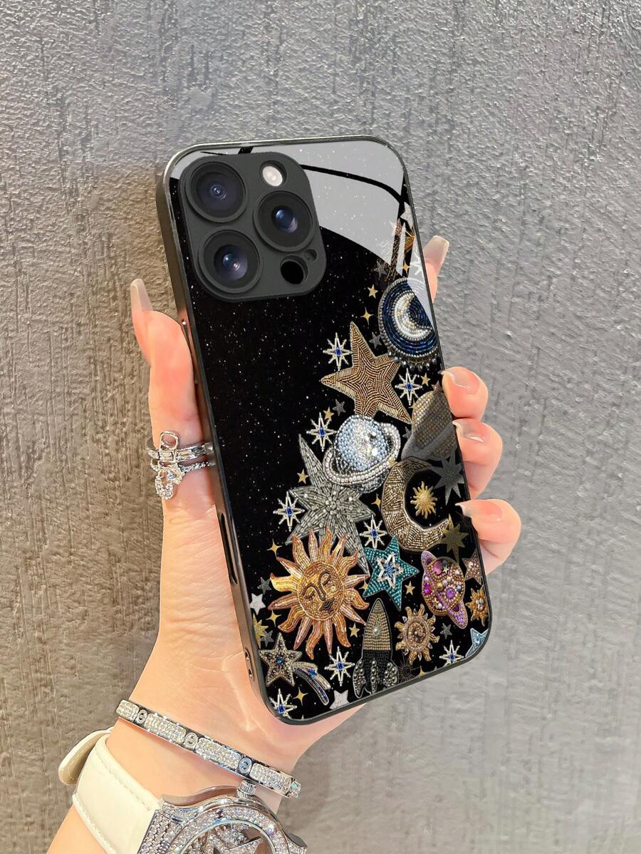 1 ชิ้น เคสโทรศัพท์แบบกระจกนิรภัยลายโทเทมดวงอาทิตย์ วินเทจสร้างสรรค์, ดาว, พระจันทร์, ลายอวกาศ ...