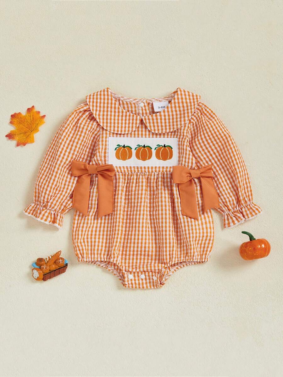 Baby Girl Halloween Plaid Romper Pumpkin Embroidery Long Sleeve Doll Collar Bow Decor Jumpsuit ...