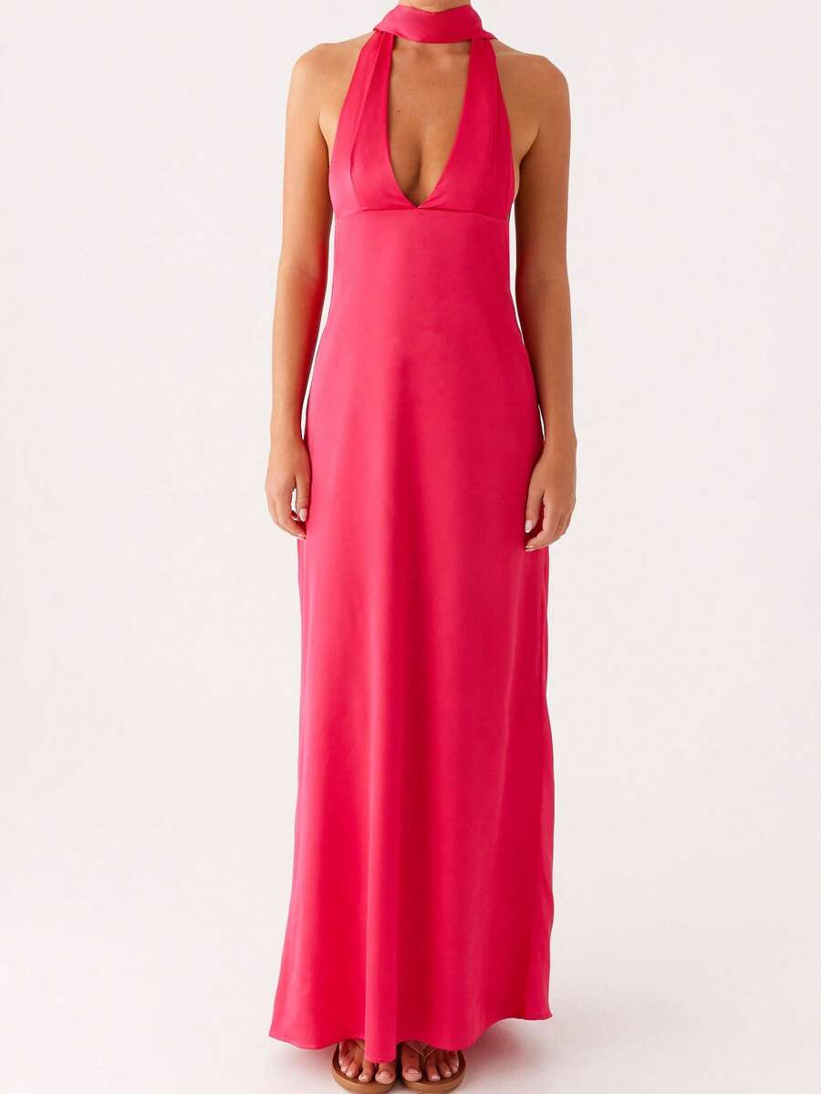 Women Halter Neck Maxi Dresses V Neck Backless Bodycon Long Dress ...