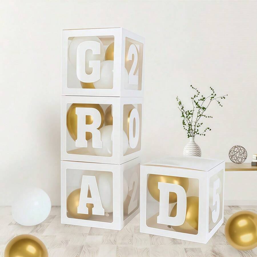 Abschluss-Dekorationen 2025, 4 weiße Ballonboxen mit den Buchstaben ...