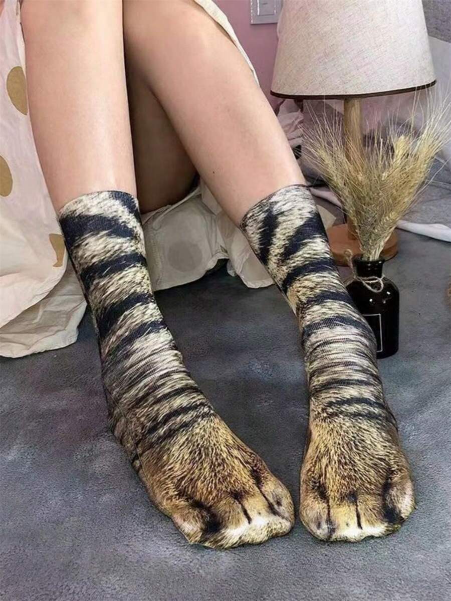 1 par de calcetines con estampado de animal 3D con patrones realistas de tigre y leopardo ...