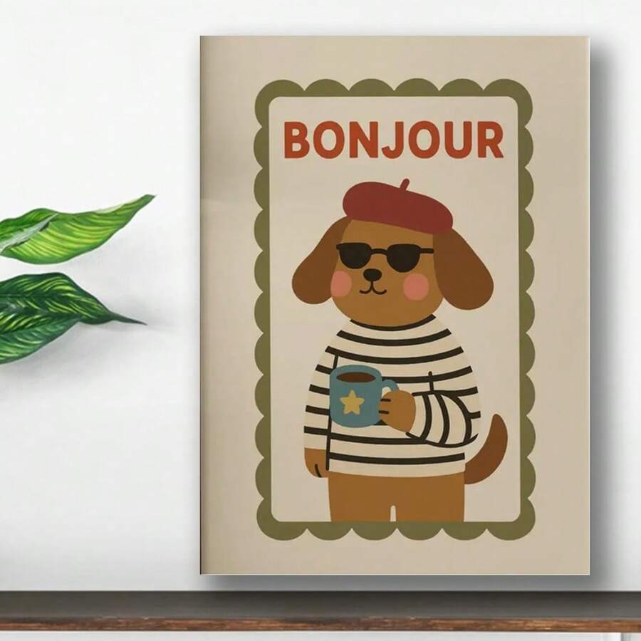 Canvas Poster Bonjour Dog Nursery Wall Art, French Puppy Illustration ...