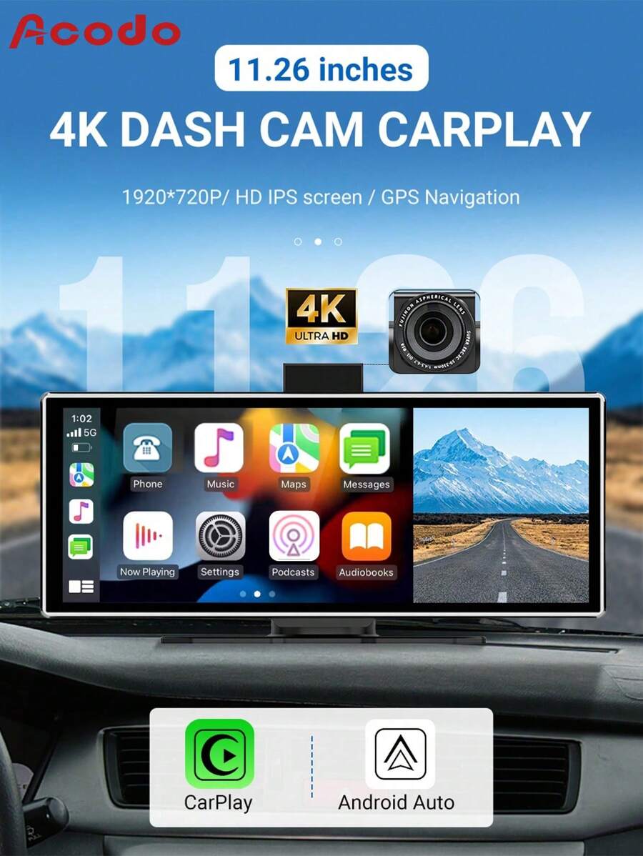 Acodo Acodo 2025 NEU 28,6 cm 4K DVR Wireless Carplay und Android Auto Tragbare Dashcam mit IPS ...