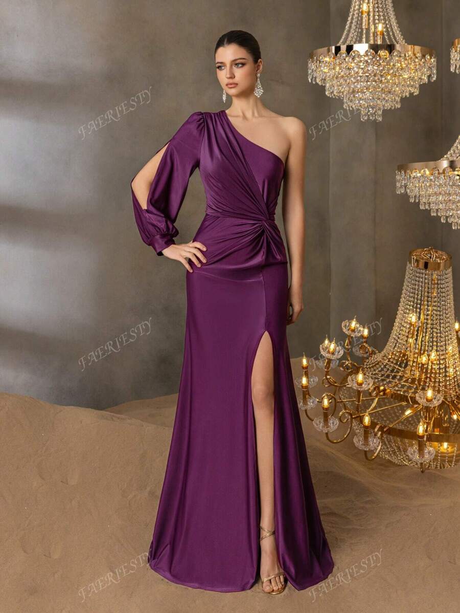 Faeriesty Luxury Asymmetric Shoulder Evening Gown With Dramatic Lantern Sleeve & Thigh-High Slit ...