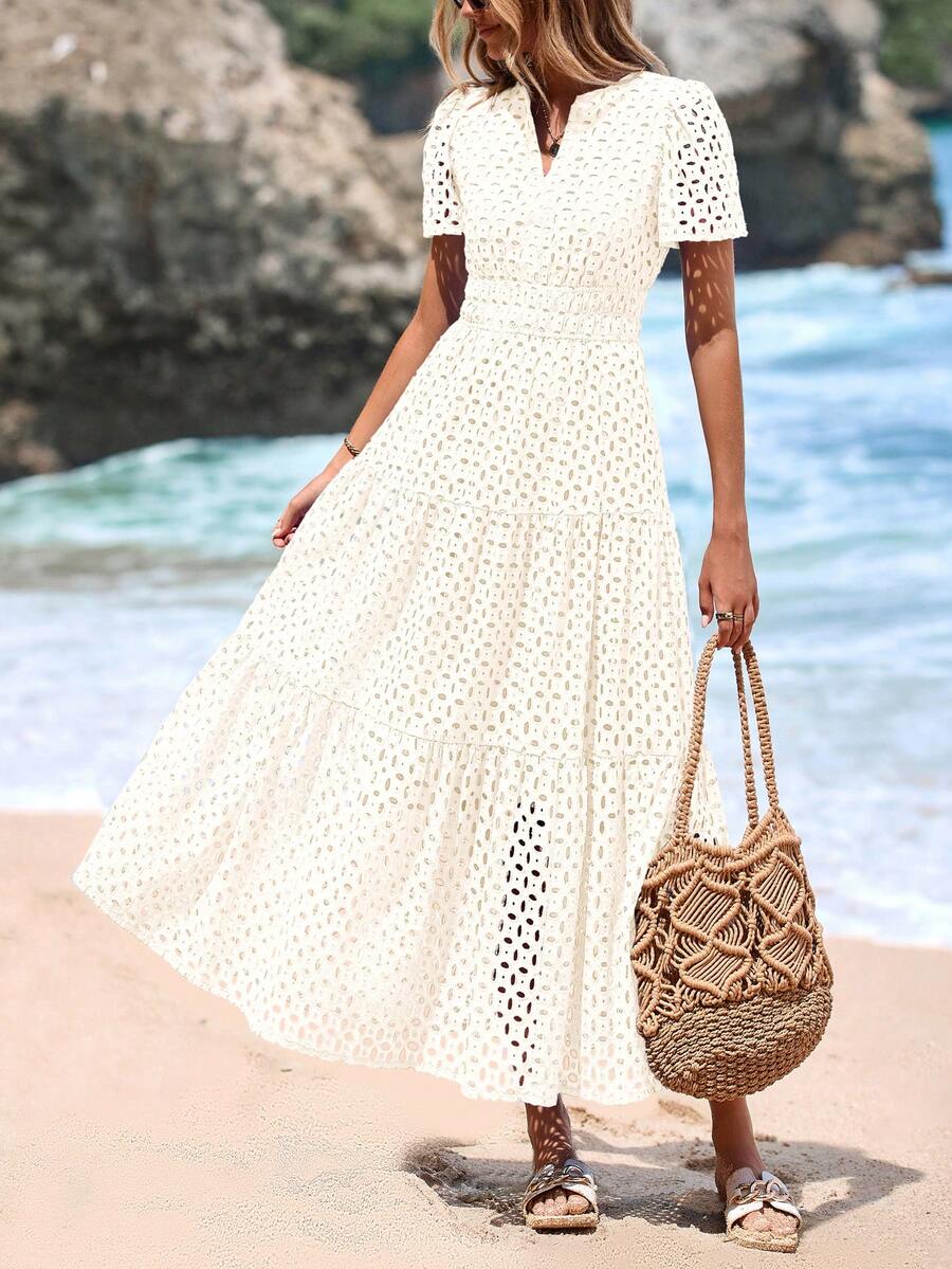 Women's Spring And Summer Maxi Dress Short Sleeve V Neck Hollow Out ...