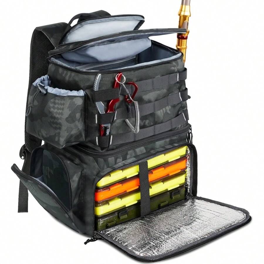 Backpack By , Water Resistant Tackle Box Bag With Rod Holders & Cooler ...