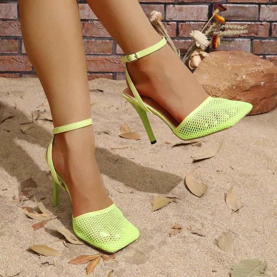 New Summer Mustard Yellow Versatile Square Toe Mesh Cutout Strappy High ...