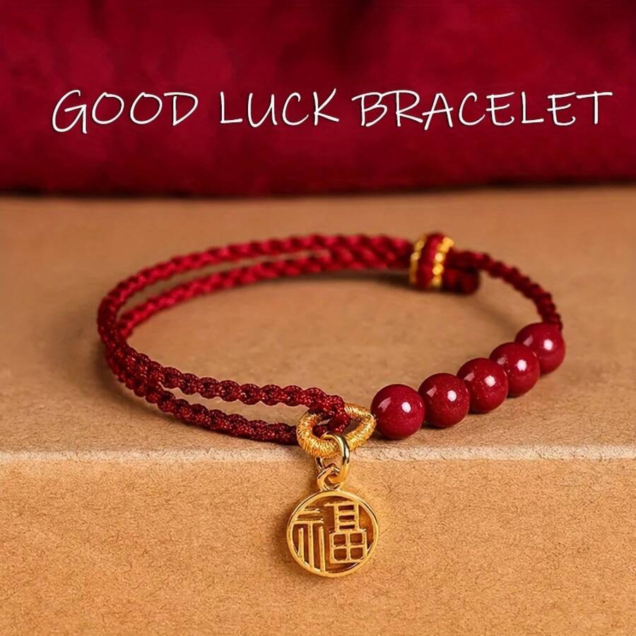 Good Luck Braided Red Cord Bracelet With Blessing Charm Beads ...