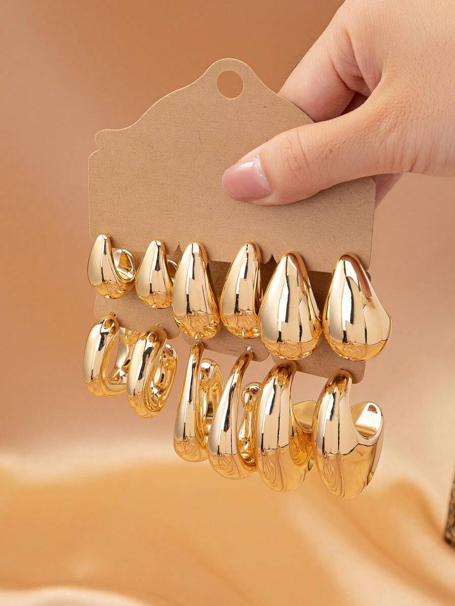 6 Pairs Minimalist Golden Color Water Drip Shape Classic Chunky Hoop ...