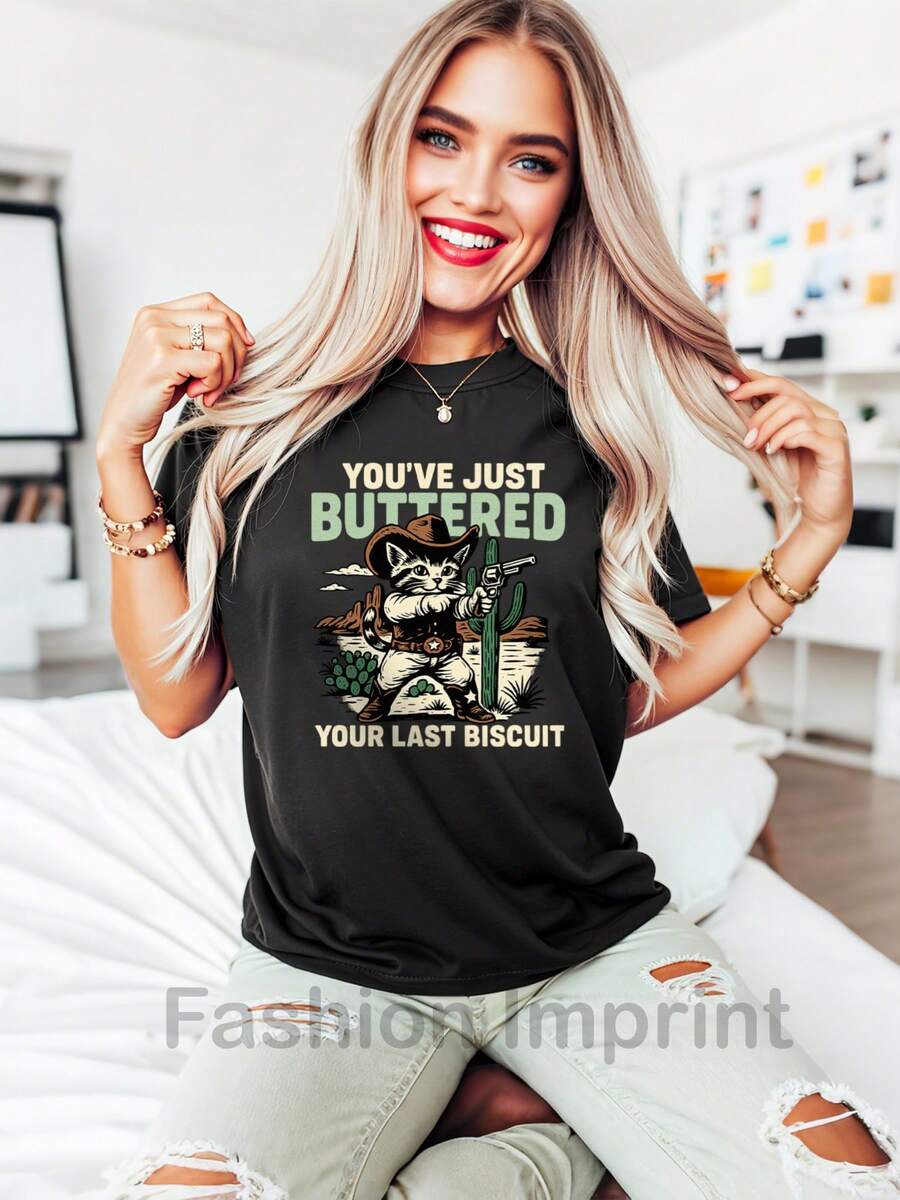 Oversized Style For Women, Funny Retro Cowboy Cat T-Shirt With "YOU'VE ...