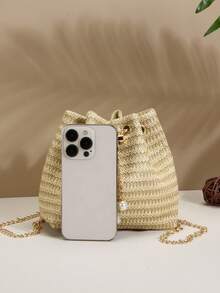 2025 New Spring/Summer Wheat Ear Woven White Crossbody Bag, Gold Metal ...