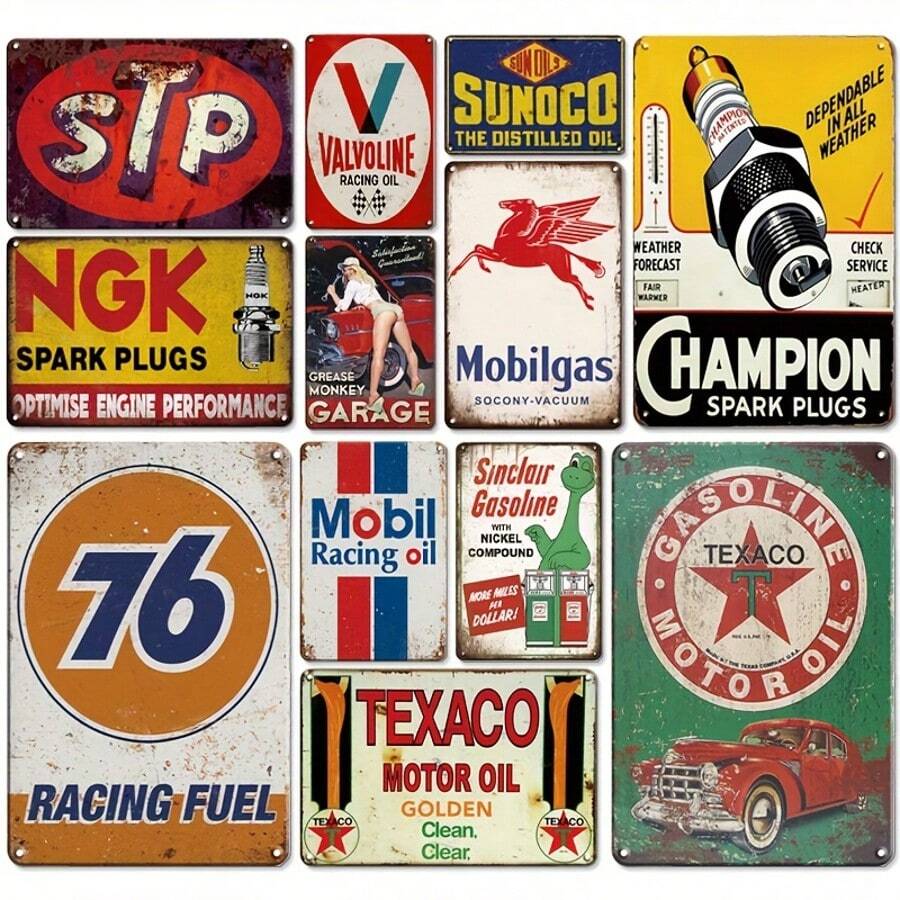 12pcs Rustic Garage Wall Decor Metal Signs, Funny Gasoline Brand ...