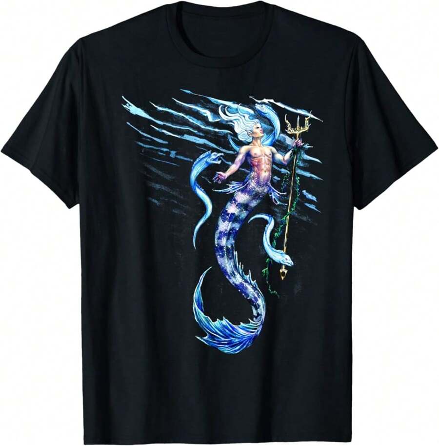 Deep Blue, Ocean Merman Mermaid Fantasy Art Fishy Basic Cotton T-Shirt ...