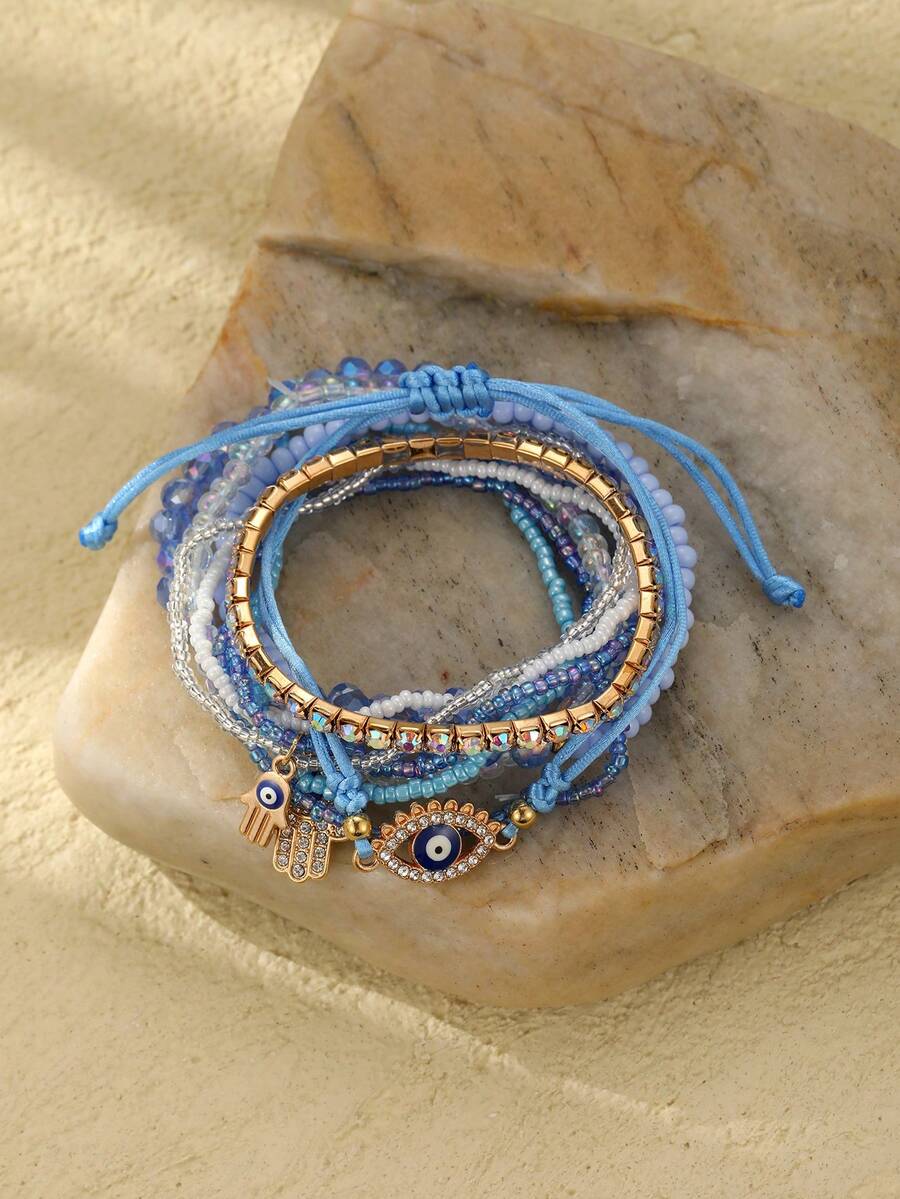 9pcs Bohemian Style Devil's Eye Beaded Bracelets | SHEIN USA
