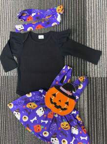 Baby Girls Halloween Sets Solid Color Flying Sleeve Romper Ghost Pumpkin Print Skirt Headband ...