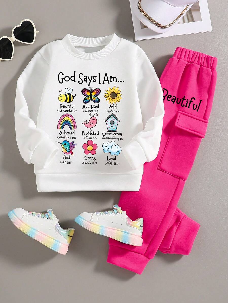Tween Girls' Cartoon Graphic Print Crew Neck Sweatshirt And Sweatpants ...