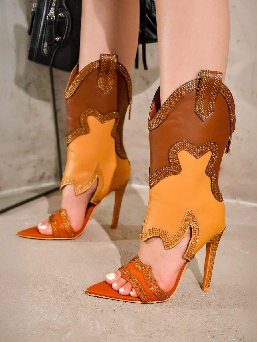 Women's Open-Toe Rhinestone Western Stiletto Nayaye High Heel Booties ...