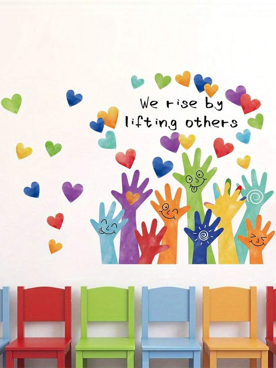 1pc Colorful Hand & Heart Motivational Wall Decal - "We Rise By Lifting ...