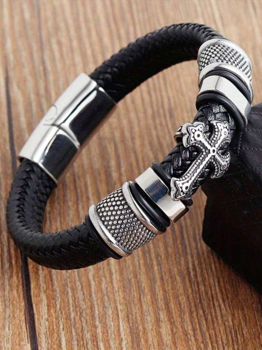 1PC PU Leather Braided Cross Charm Bracelet Men's Leather Bracelet ...