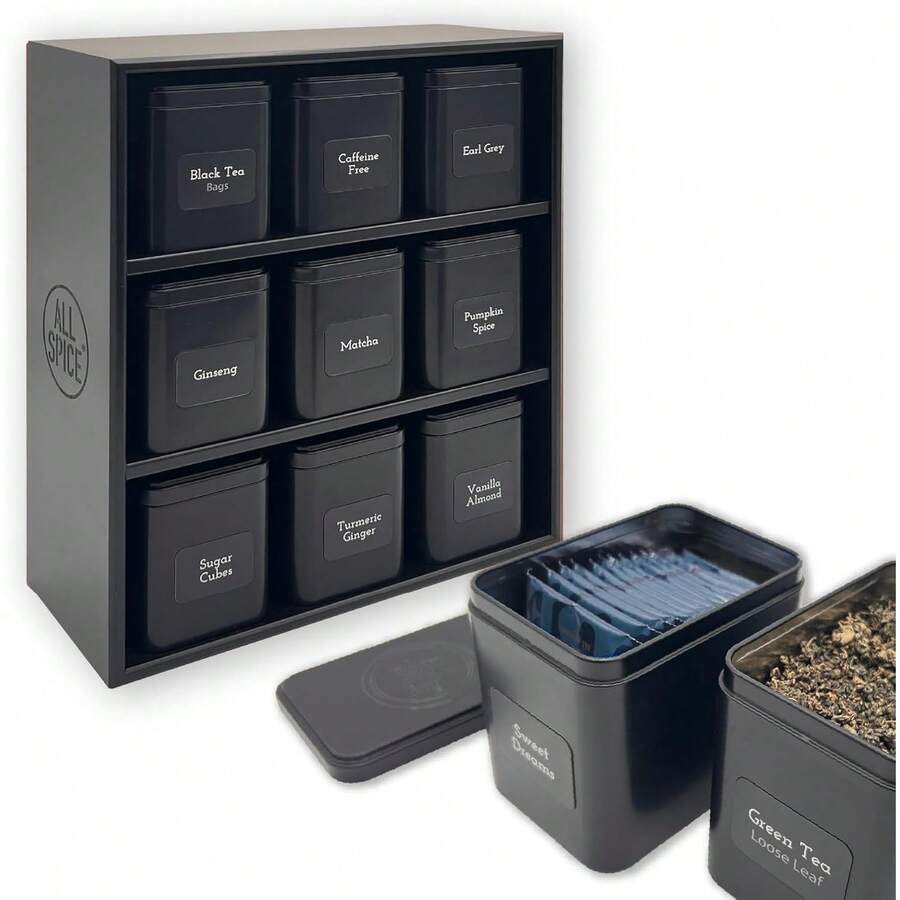 AllSpice Tea Organizer Rack With 9 Tins & 160 Magnetic Labels – Perfect ...