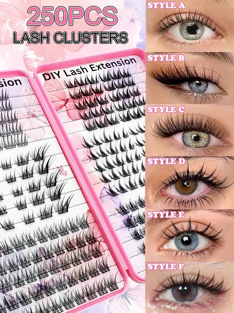 250 PCS C Curl Natural Lash Clusters 6 Styles Mixed 10-16mm Thick ...