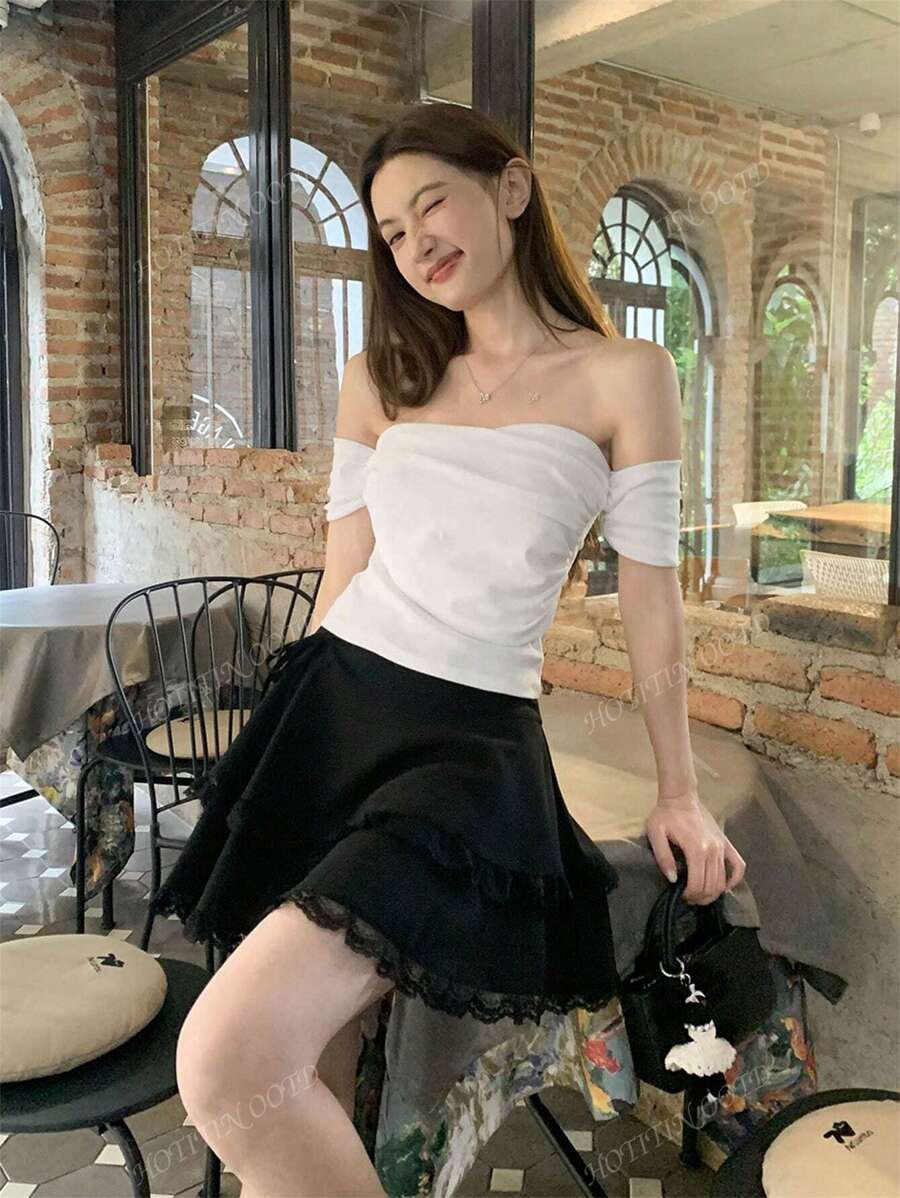 Women's Off-Shoulder Ruched Camisole Cropped Tank Top, Design Sense ...