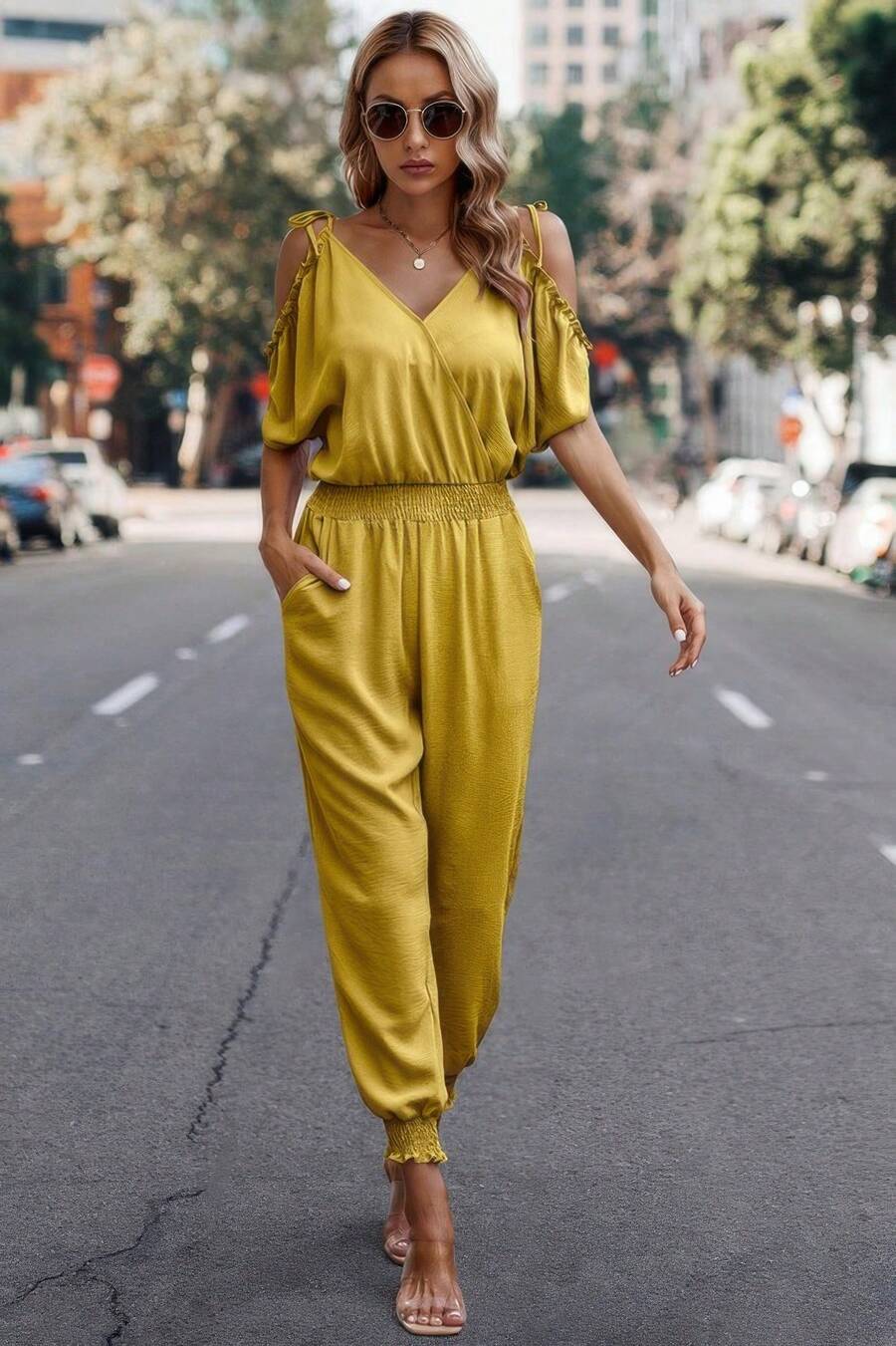 Cold Shoulder Wrap V-Neck Jumpsuit – Sleek & Comfy Fit, Flirty Cut-Outs ...