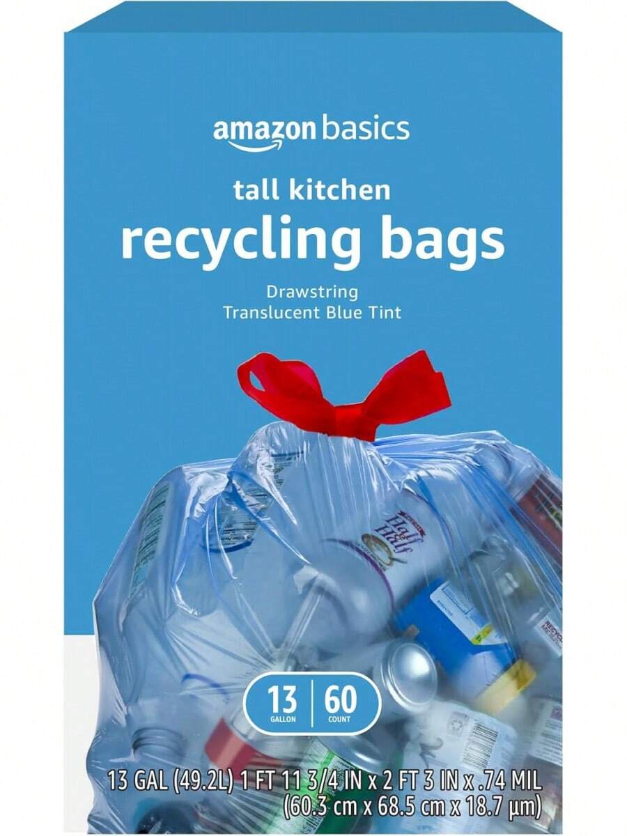 Basics Blue Recycling Trash Bags, Unscented, 13 Gallon, 60 Count, Pack ...