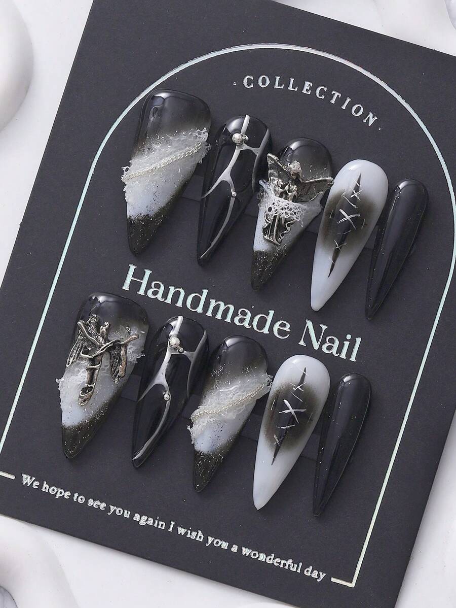 10Pcs European & American Style Pointy False Nails, Hand-Painted Gradient & Angel Rhinestone ...