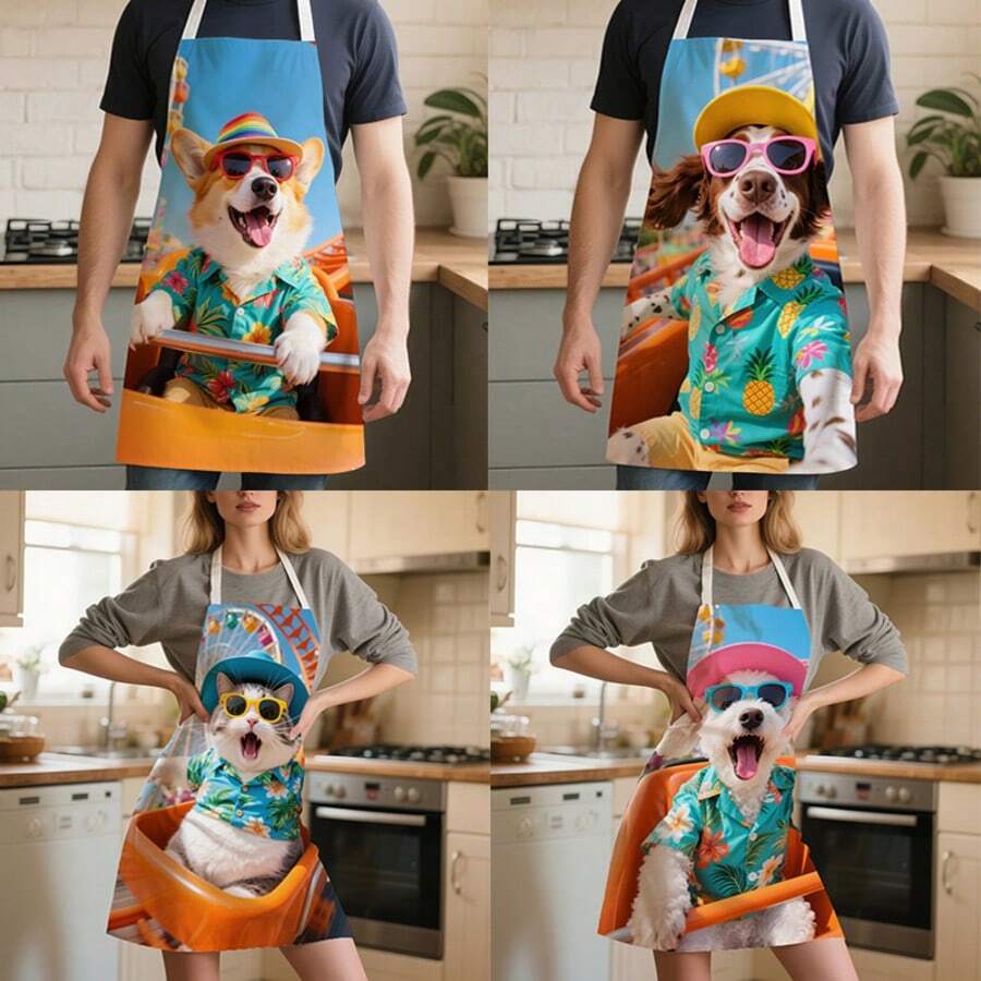 1pc Funny Dog And Cat Roller Coaster Design Cartoon Linen Apron ...