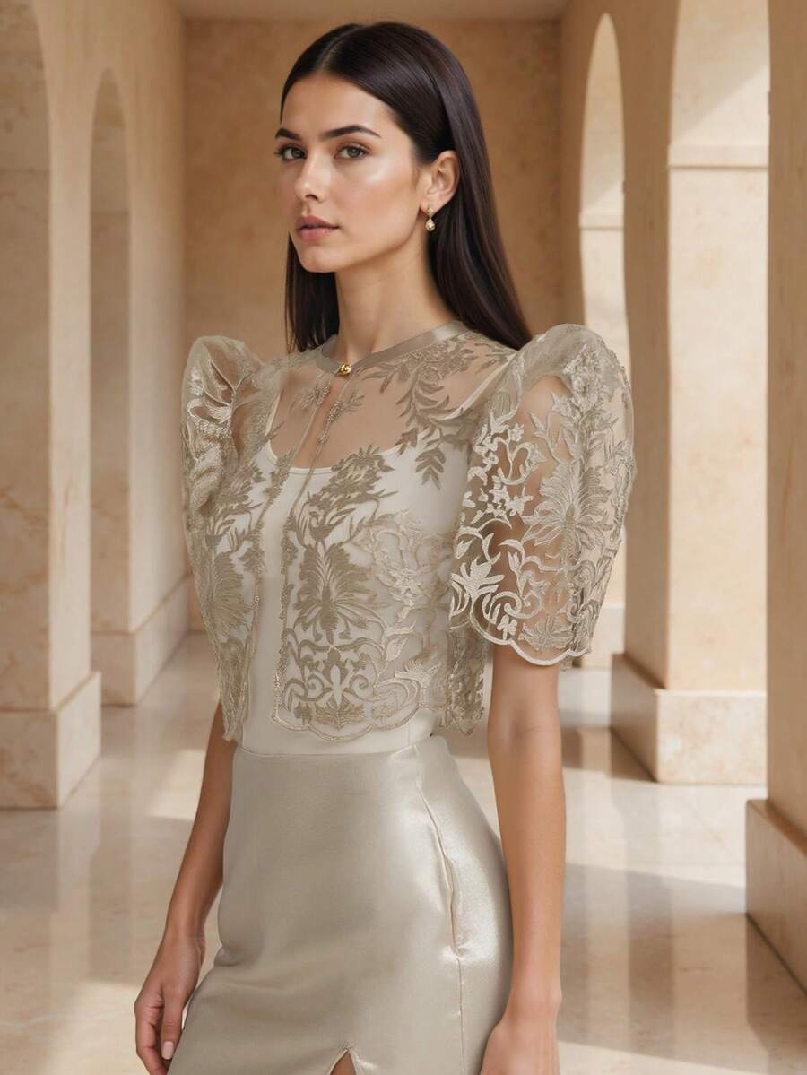 Bolero corto Filipiniana con mangas cortas abullonadas de encaje ...