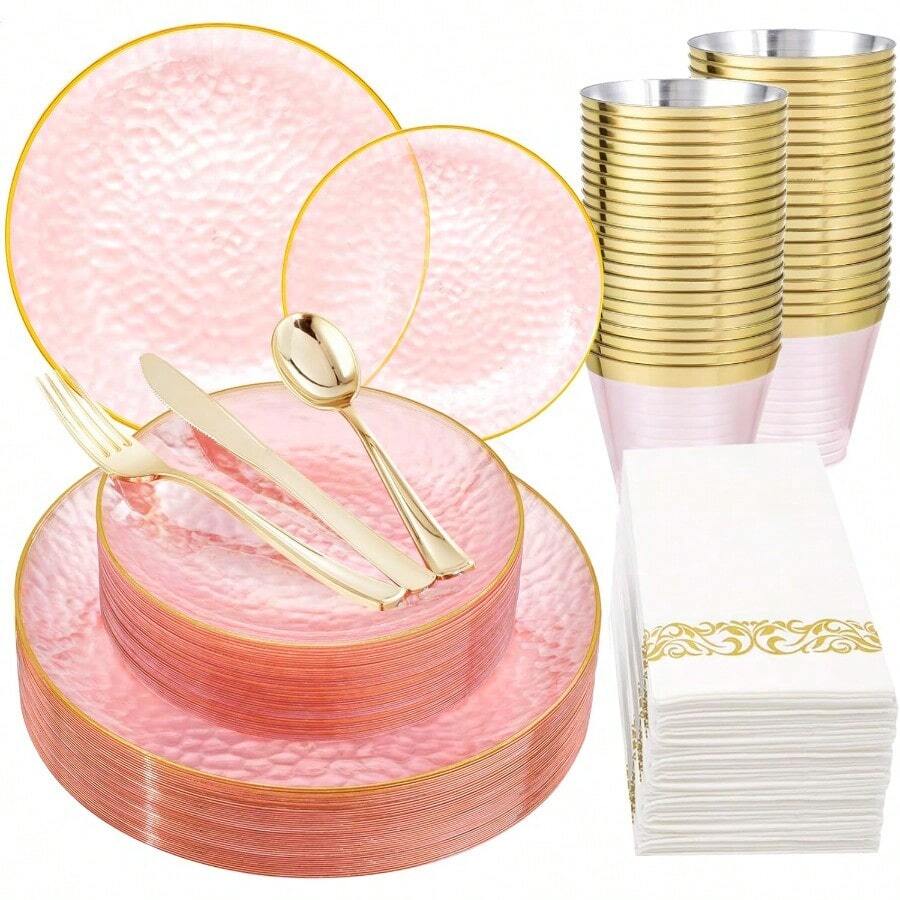 175 Pcs Pink Plastic Plates Dinnerware Set (25 Guests), Pink Disposable ...