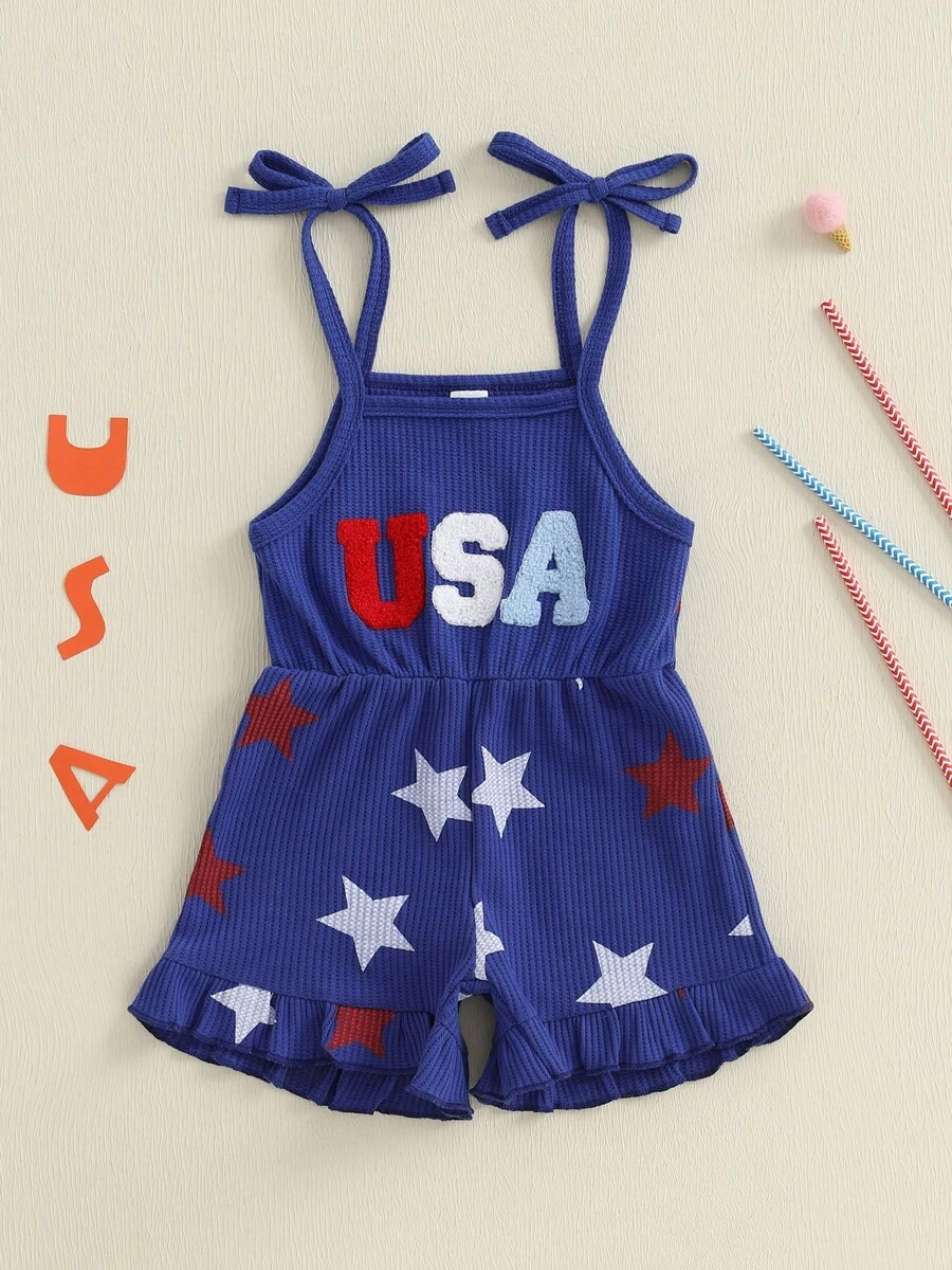 4th Of July Toddler Girl Outfit Baby USA Stars Ruffles Romper Shorts Tie-Up Spaghetti Strap ...