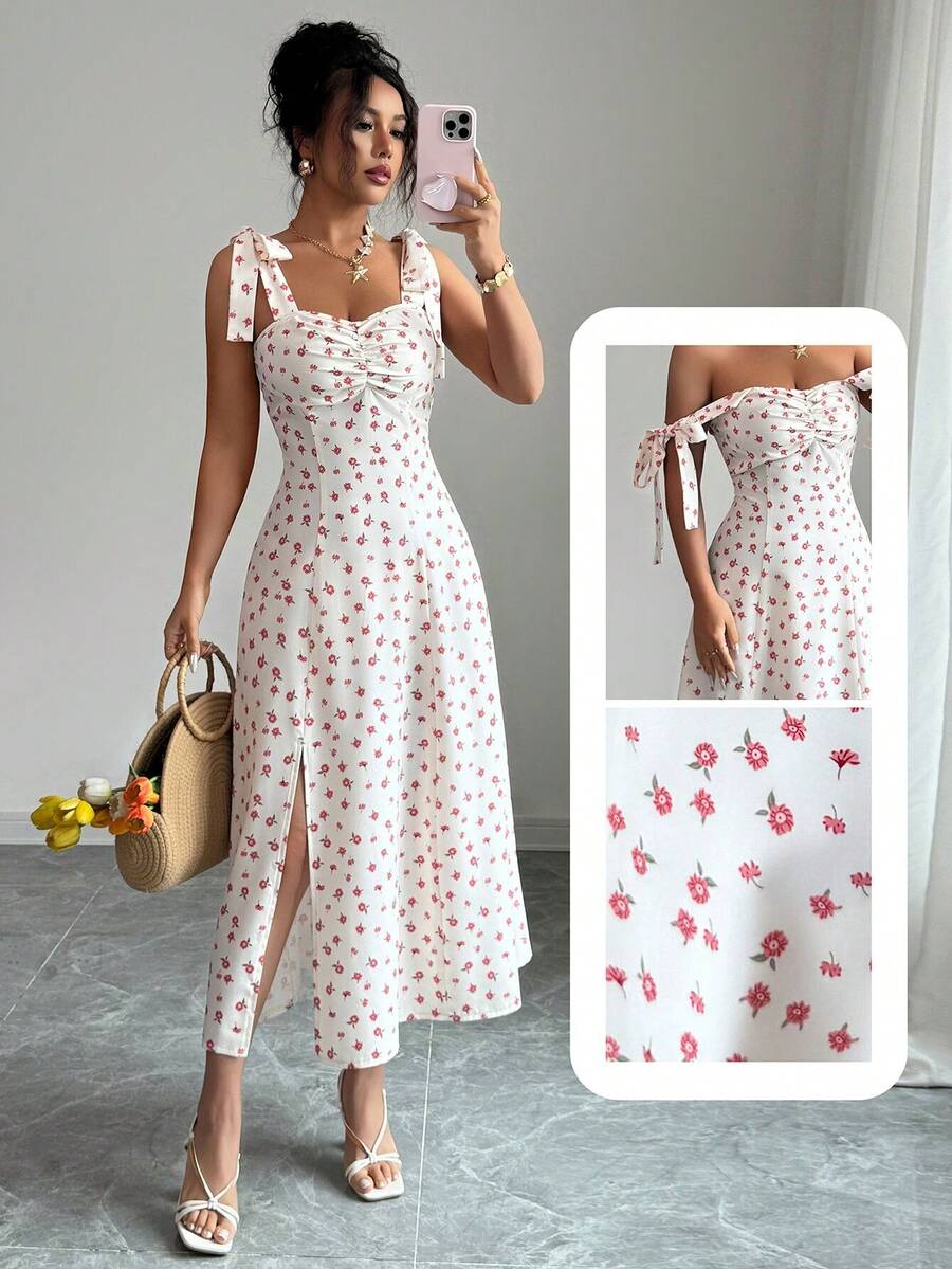 Women's Casual And Cute Travel Long Dresses With Shoulder Ties, Floral ...