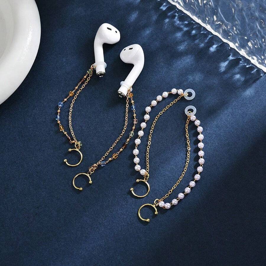 1 Pair Of Gold Double - Layer Pearl Anti-Lost Earphone Clips - Stylish ...
